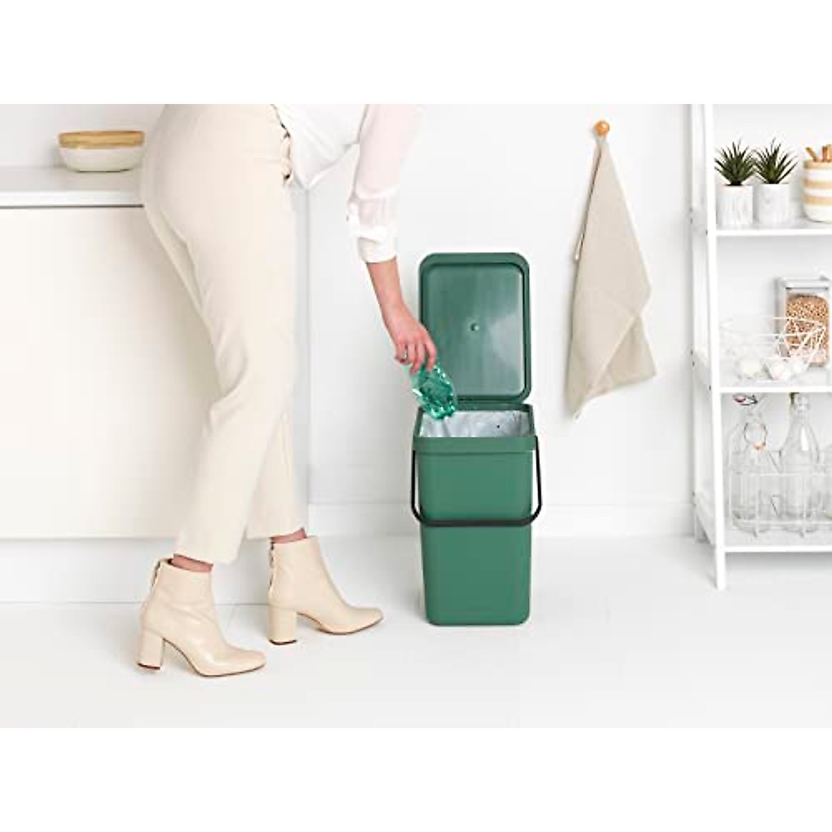 Brabantia Sort & Go Kitchen Recycling / Garbage Trash Can (6.6 Gal / Fir Green) Stackable Refuse Organiser with Handle & Removable Lid, Easy Clean, PerfectFit Bags Included