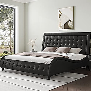 Allewie Queen Bed Frame with Adjustable Headboard/Box-Tufted Upholstered Platform Bed/Mattress Foundation with Wood Slat Support/No Box Spring Needed/Modern Wave/Black
