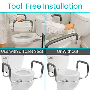 Vive Toilet Seat Risers for Seniors (Raised with Handles) Grab Bar Seat for Seniors - Options for Elongated & Standard Bowls - Elderly Handicap Medical Hip Replacement Surgery Lift, Easy Clean, White