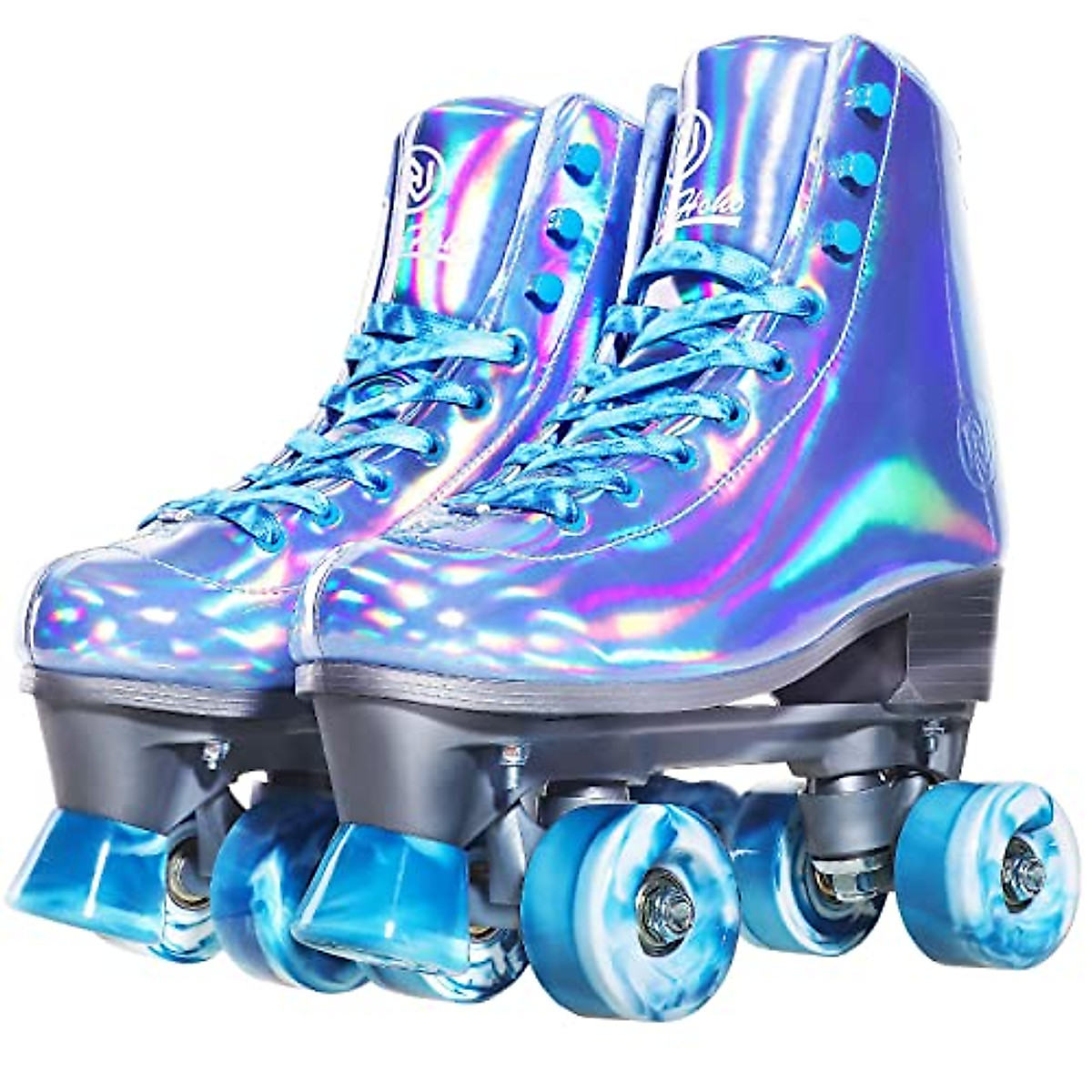 JajaHoho Roller Skates for Women, Holographic High Top Faux Leather Rollerskates, Shiny Double-row four colour mixture wheels Quad Skates for Girls and Age 8-51 Indoor Outdoor (Very Peri Blue, Size 9)