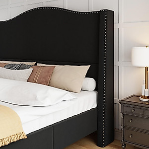 Jocisland Queen Size Platform Bed Frame,Velvet Fabric Upholstered Bed with Tall Arched Headboard & Nailhead Trim Wingback Headboard/No Box Spring Needed/Black