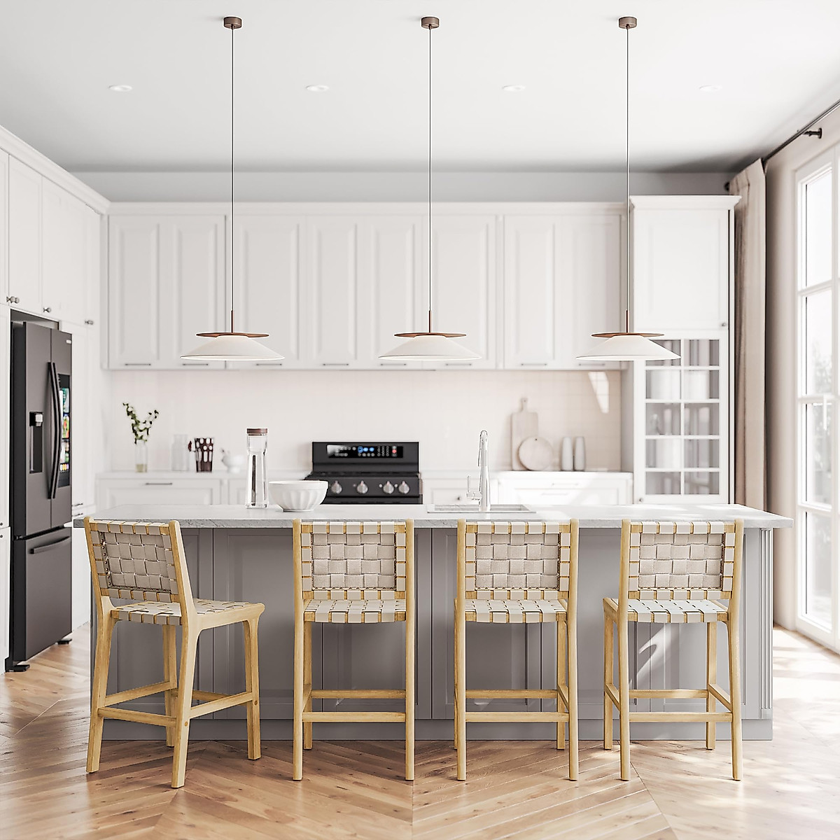 BELLEZE Woven Counter Stools 24 inch Set of 2, Boho Bar Stools with Back Faux Leather Kitchen Stools Island Chairs with Solid Wood Frame for Dining Room Home Kitchen - Morgan (White)