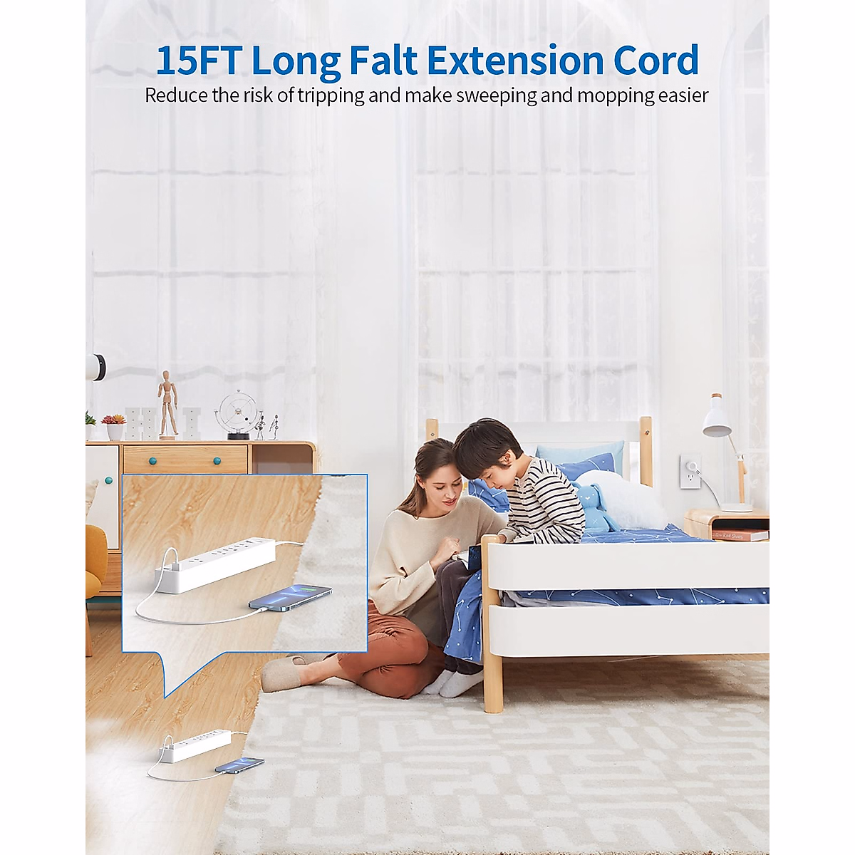 Flat Extension Cord 15 ft, NTONPOWER Ultra Thin Flat Extension Cord Under Carpet, Rug, Door, Wall Mount Power Strip Flat Plug with 4 Outlets 2 USB, Overload Protection for Home Office Indoor, White