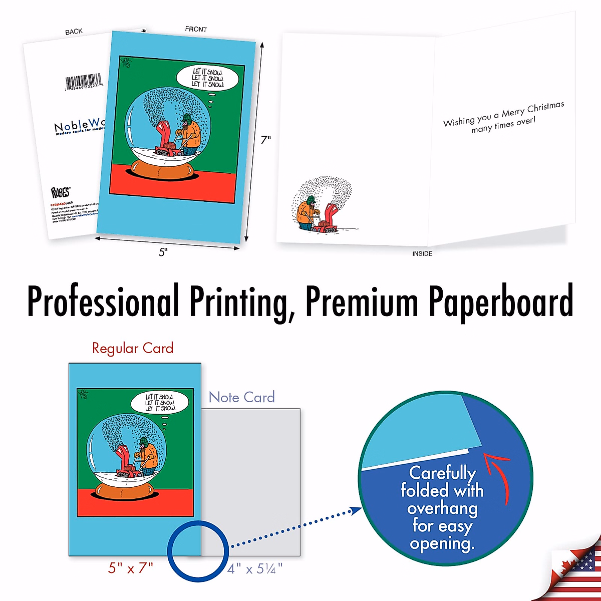 NobleWorks - Christmas Card with Envelope (4.63 x 6.75 Inch) - Cartoon Xmas Notecard Winter Holiday Card for Kids, Adults - Snowglobe Blower C7086XSG