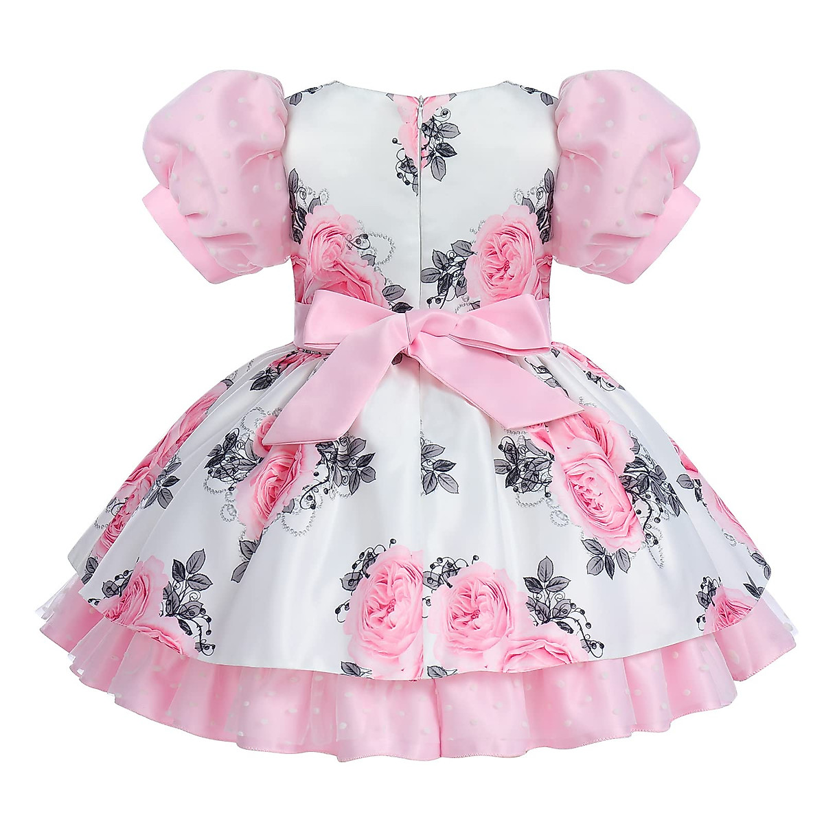 Baby Girl First Birthday Party Dress Headband Outfit Toddler Kids Flower Printed Short Sleeve Bowknot A-line Knee Length Lace Tutu Princess Dress for Pageant Wedding Bridesmaid Formal Pink 6-12M