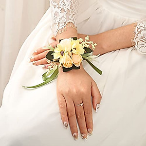 Yean Flower Bride Wedding Wrist Corsage Champagne Leaf Bridal Hand Flowers Whith Ribbon Floral Bridesmaid Corsages Wristlet Party Prom Decorations Accessories for Women and Girls