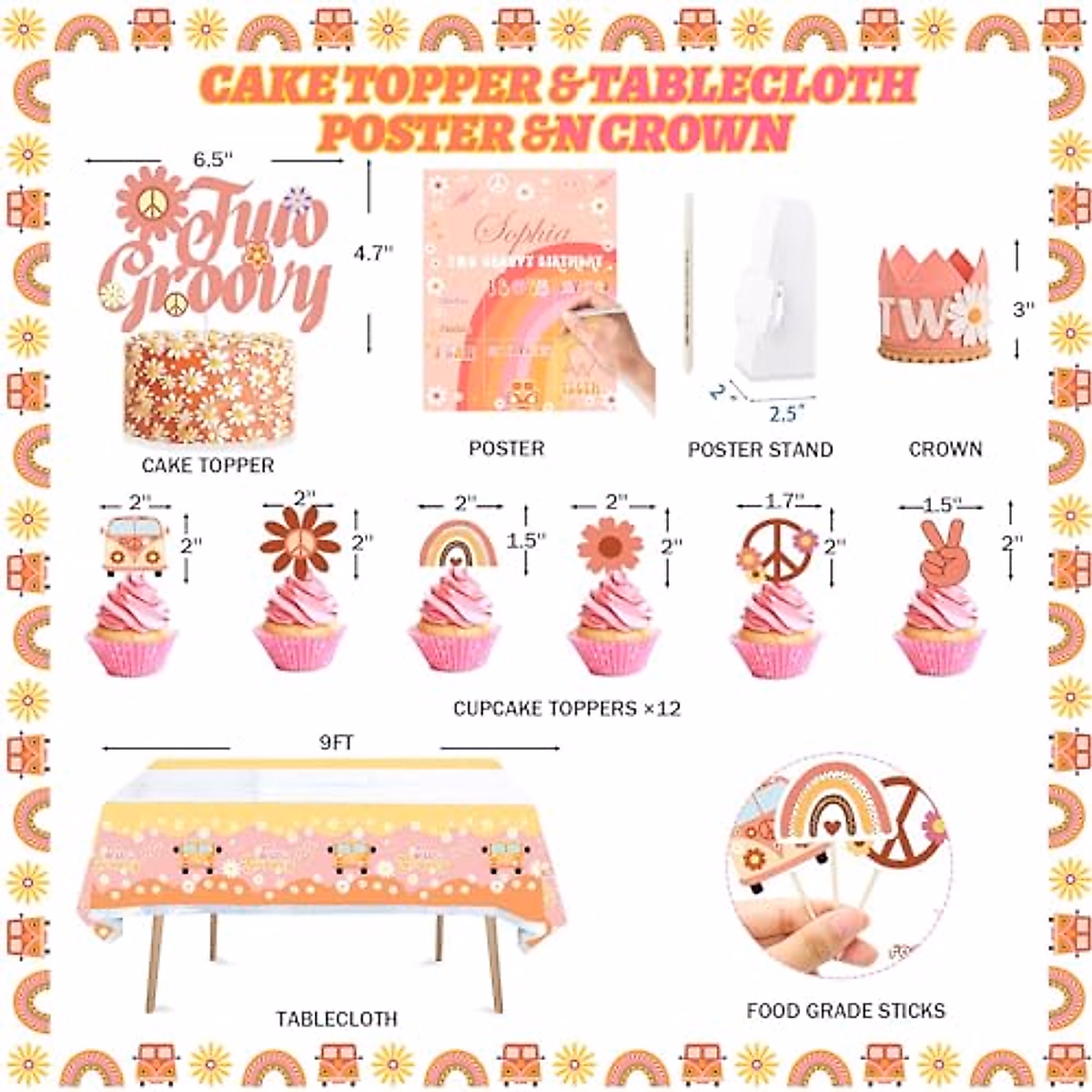 122 PCs Two Groovy Party Decorations, Fiesec Two Groovy Boho Daisy Hippie Second Birthday Party Backdrop Balloon Garland Banner Tablecloth Cake Cupcake Topper Crown Poster