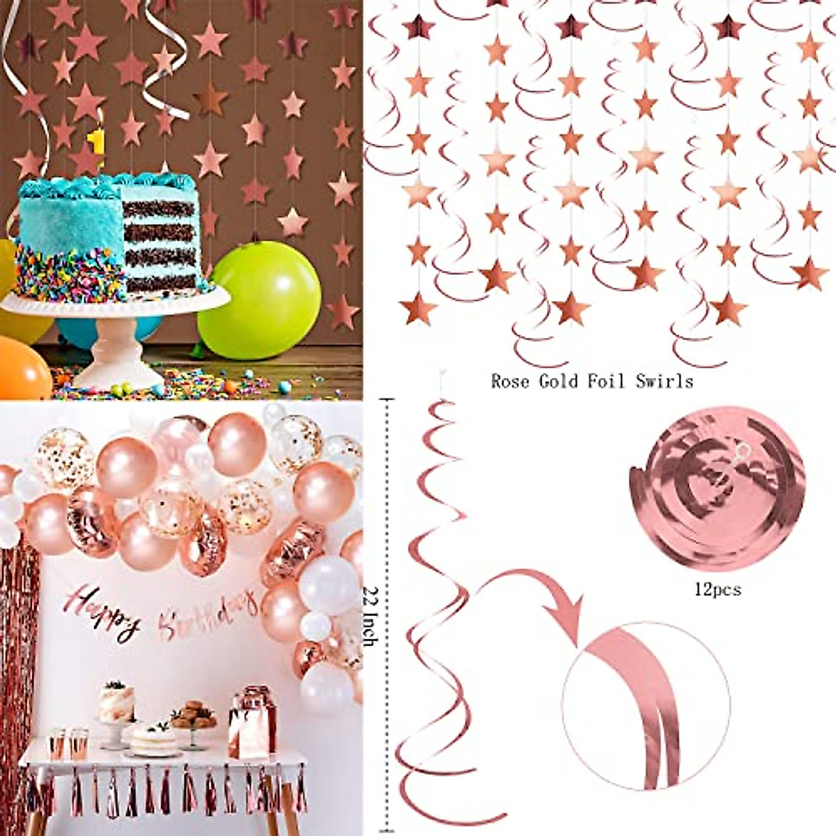 26 Feet Rose Gold Reflective Star Paper Garland Hanging Foil Swirls for Christmas Deccoration Wedding Birthday Party Bachelorette Engagement Holiday Graduation Party Decoration