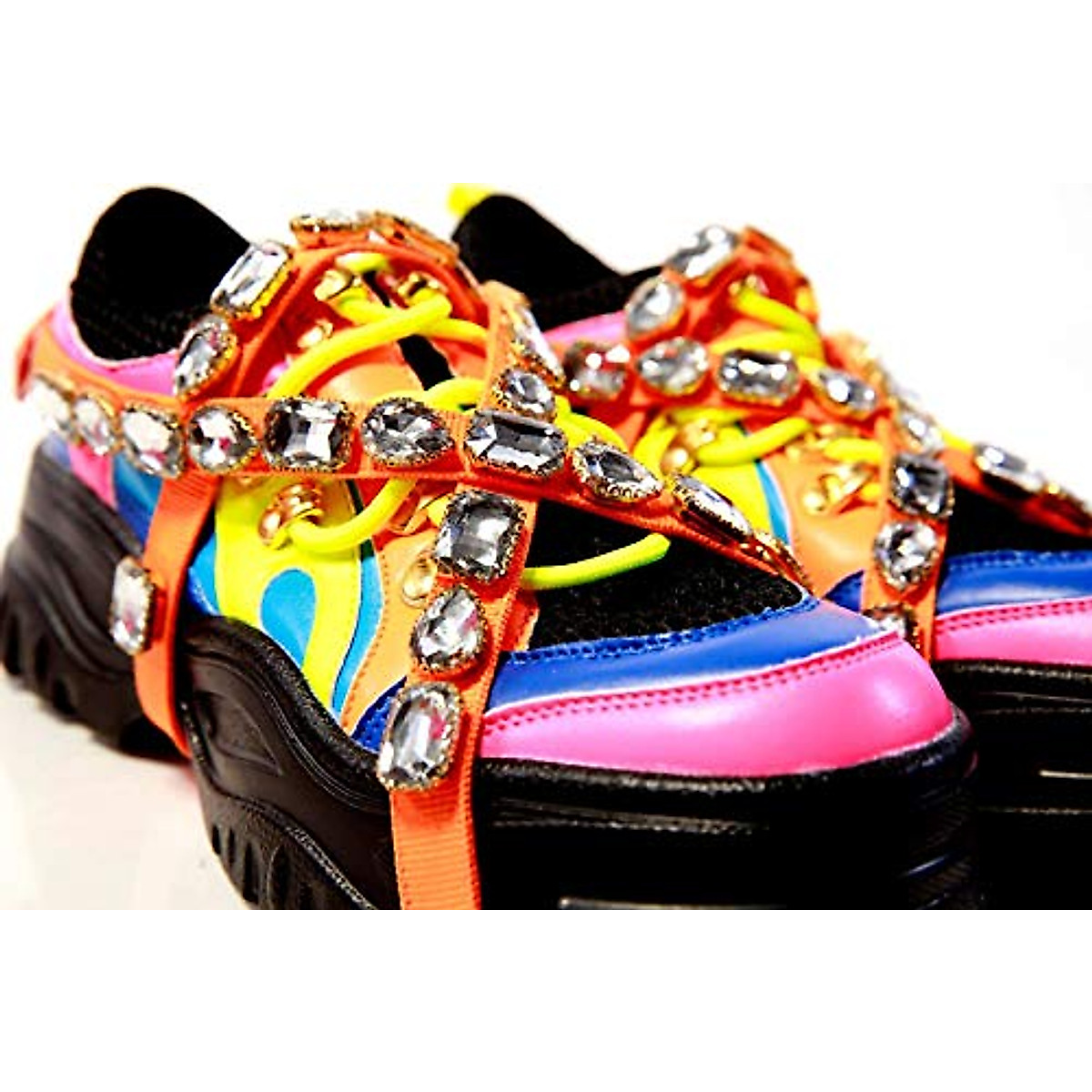 Cape Robbin Chunk Fever Neon Multicolor Mesh Trim Jewel Straps Lug Sole Sneaker (7, Neon Multi)