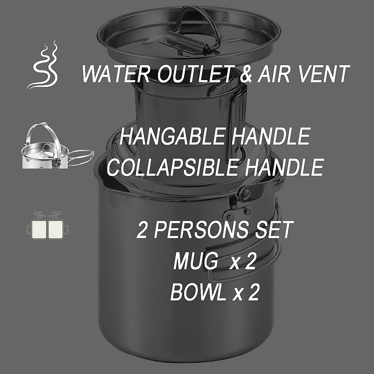 DZRZVD Camping Coffee Kettle and Mugs Set - Stainless Steel Pot with Collapsible Handle and Lid - Boiling Water with Open Fire for Hiking Backpacking Picnic Outdoor - 1.2 L