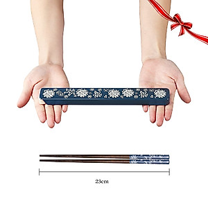Youda Chopsticks Reusable Japanese Natural Wood Chopsticks 1 Pair with Case, Portable and Dishwasher Safe (Blue)
