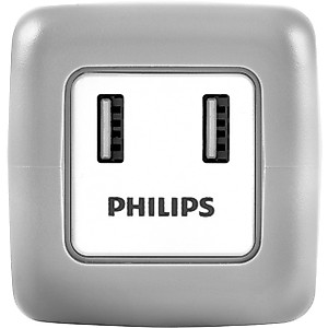 Philips Accessories 3-Outlet Extender Surge Protector with 2-USB Ports, Rubberized Cube, Extra-Wide Adapter Spaced, Easy Access Design, 3-Prong, Perfect for Travel, 2.4A, 245J, Gray, SPP3202GR/37