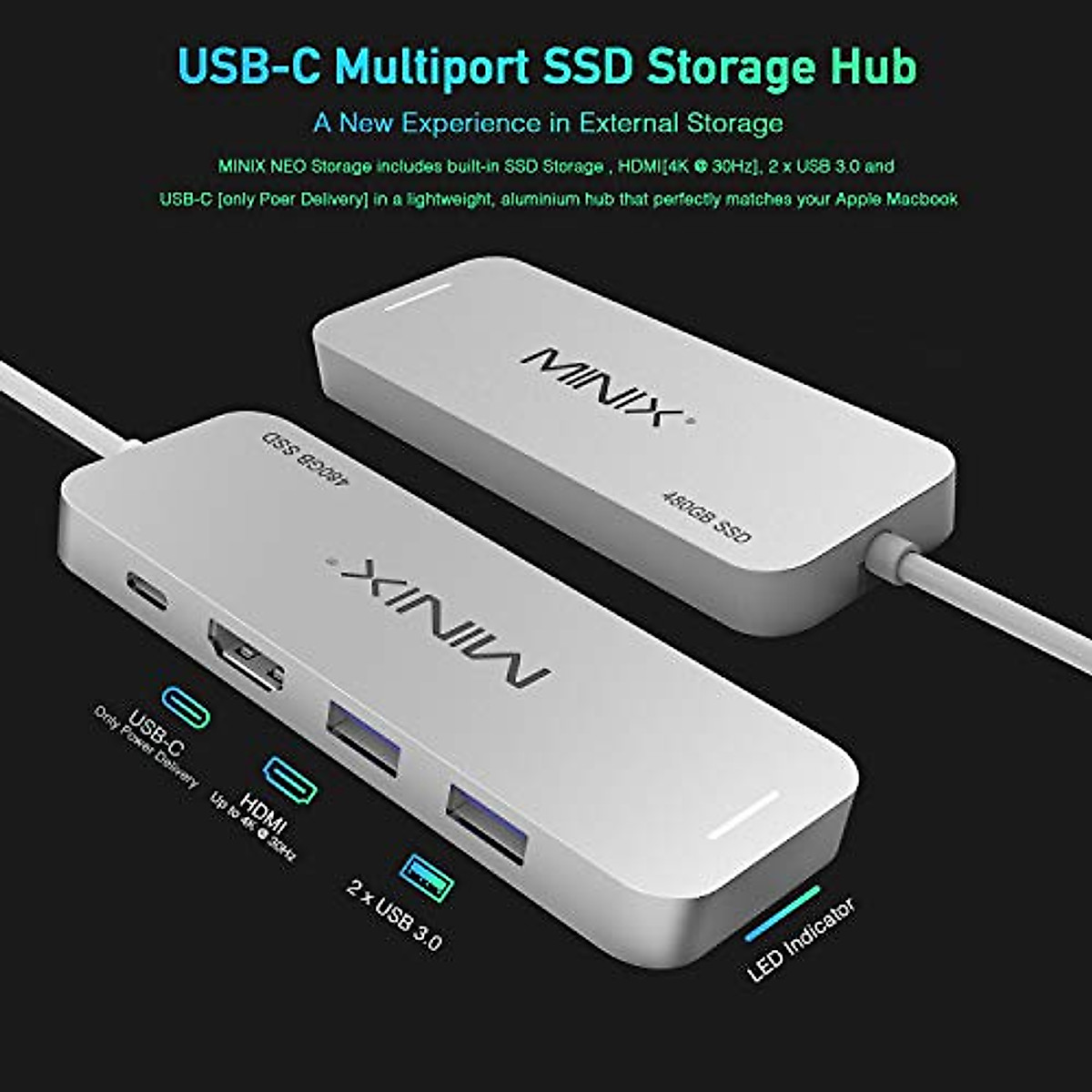 MINIX NEO Storage, 480GB Aluminum USB-C Multiport Solid State Drives Storage Hub with Display Output 4K @ 30Hz, 2 x USB 3.0 and USB-C for Power Delivery, Compatible for Apple MacBook. Silver