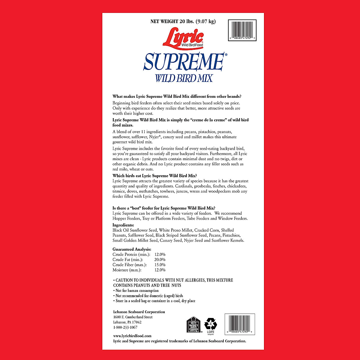 Lyric Supreme Wild Bird Seed, Wild Bird Food Mix with Nuts and Sunflower Seeds, 20 lb. Bag
