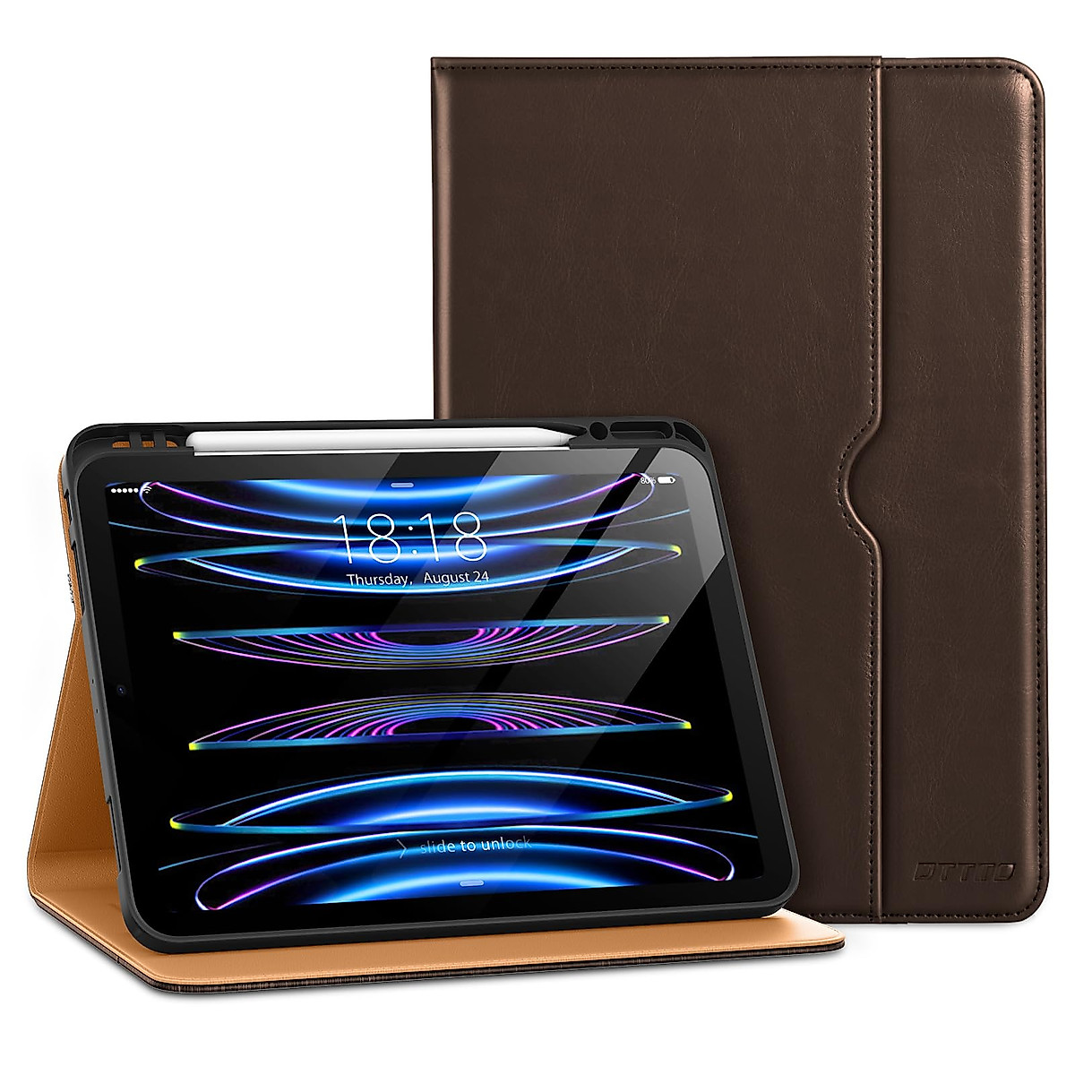 DTTO for iPad Pro 12.9 6th / 5th / 4th / 3rd Generation Case 2022/2021/2020/2018, Leather Folio Stand Cover with Built-in Apple Pencil Holder -Auto Wake/Sleep and Multi Viewing Angles, Dark Brown