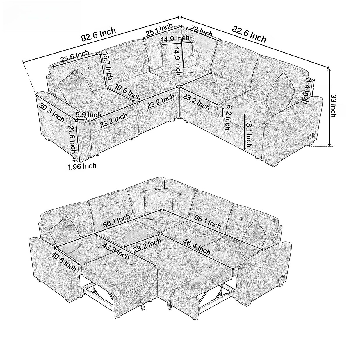 ChicFurnit 82.6-Inch L-Shape Sofa Bed with Pull-Out Sleeper & Wheels,Modular Couch with USB Ports & Power Sockets,Three Pillows with Removable Cover,for Living Room,Khaki