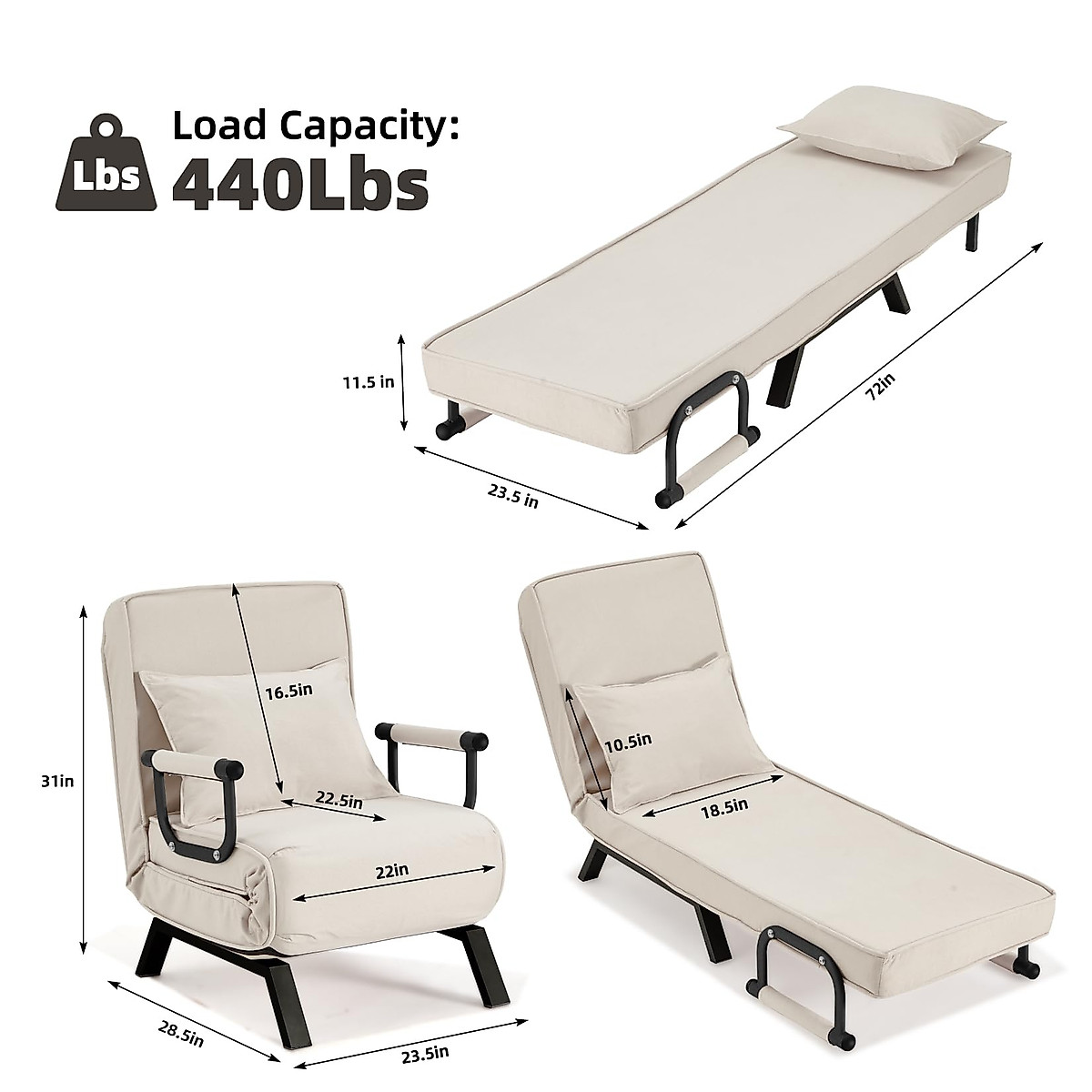 Hupmad Convertible Bed Sleeper Chair,Tri-fold Upholstered Armchair Sleeper with Pillow,Folding Leisure Chaise Lounge Couch with 6 Angle Adjustable Backrest,Single Lazy Bed for Office Apartment