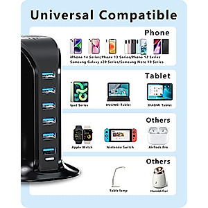 ADRICY USB Charger 6 Port 50W Multi USB Tower Charging Station for Multiple Devices iPhone 14/14 Pro/14 Pro Max/13 Pro/13 Pro Max/Android/Samsung/Tablet,etc