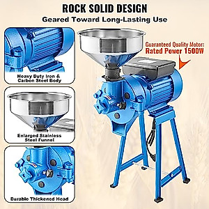 VEVOR Electric Grain Mill Grinder, 1500W 110V Spice Grinders, Commercial Corn Mill with Funnel, Thickness Adjustable Powder Machine, Heavy Duty Feed Flour Cereal Mill Wheat Grinders, Dry & Wet Grinder