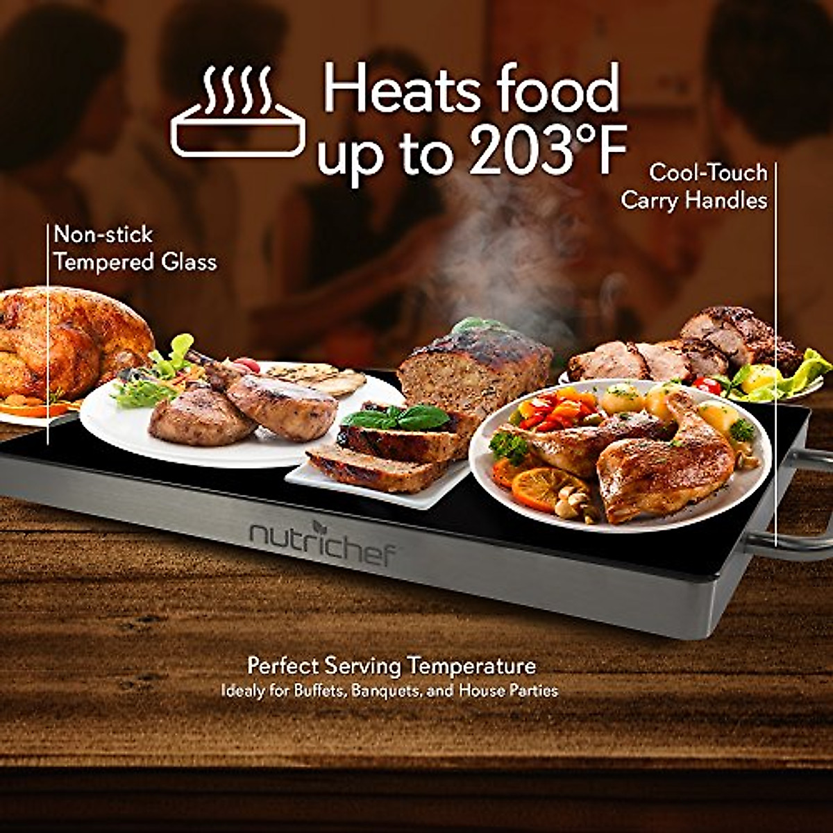 NutriChef Electric Hot Plate Tray Dish Warmer with Black Glass Top-Ideal for Home, Buffet, Parties,Kitchen & Restaurant Use-Portable and Perfect for Table or Countertop-Dimensions: 14.5'' L x 8.6'' W.