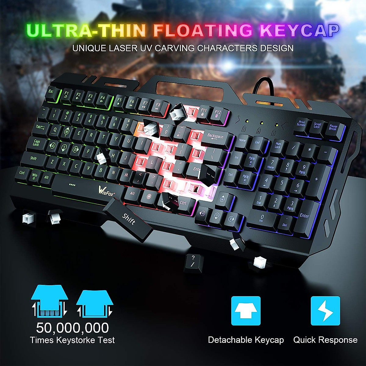 Gaming Keyboard, WisFox Colorful Rainbow LED Backlit Wired Computer Gaming Keyboard with 104 Keys, USB Wired Keyboard and Spill-Resistant for Windows PC Gamers Desktop PS4 (Renewed)