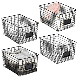 mDesign Large Metal Farmhouse Storage Organizer Bin Baskets with Label Slot for Closet, Cabinet, Cupboard - Wire Organizing Basket Holds Clothing, Linens, Shoes, Omaha Collection, 4 Pack, Matte Black