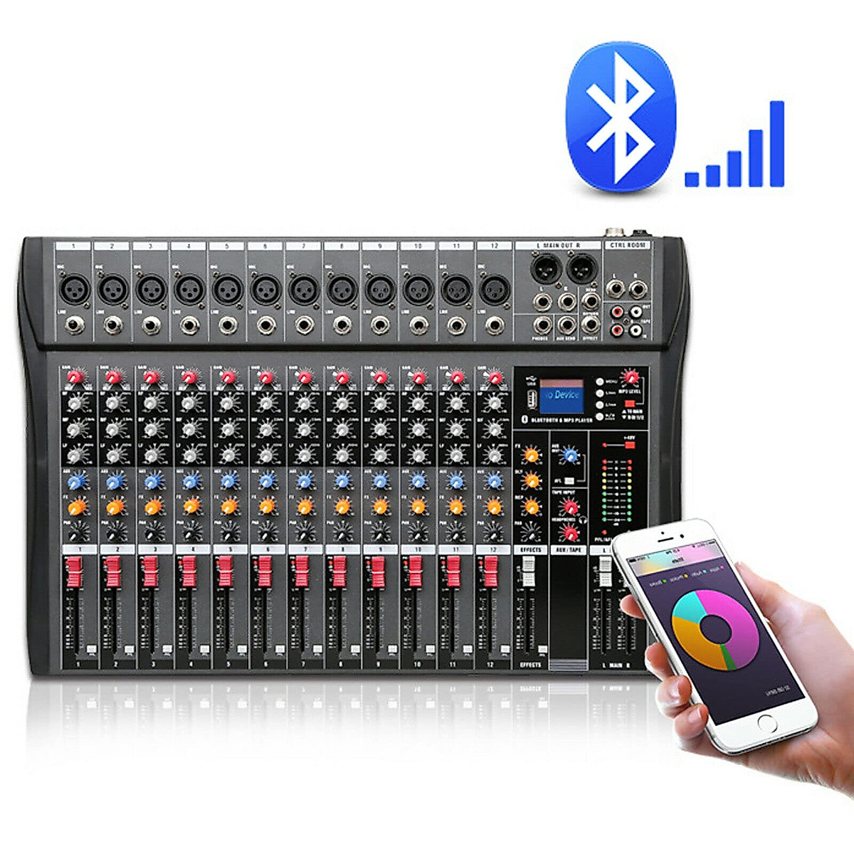 Professional Audio Mixer Sound Board Console,12 Channel Studio Audio Mixer,Bluetooth USB Live Studio Audio Mixing Power Mixing Amplifier Studio Audio DJ KTV Mixing Console USB Slot
