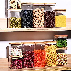 27oz Glass Food Storage Jars with Bamboo Lids, Clear Square Airtight Kitchen Storage Container Sets, Stackable Glass Pantry Food Canisters for kitchen Counter, Candy, Cookie, Rice, Cereal(Set of 6)