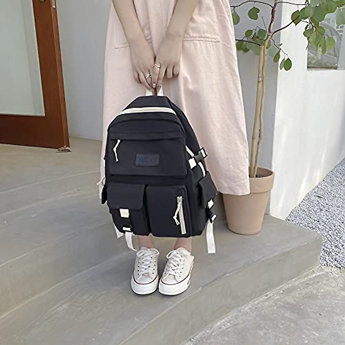 sikiwind Women Fashion Travel Canvas Contrast Color Backpack Large Rucksack (Black)