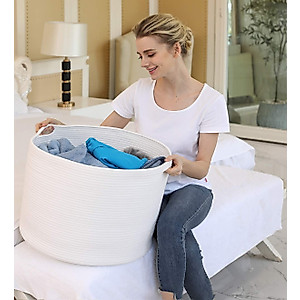 20" x 20" x 15" Extra Large Storage Basket with Lid, Cotton Rope Storage Baskets, Laundry Hamper, Toy Bin, for Toys Blankets Pillows Storage in Living Room Baby Nursery, Full White Basket with Cover