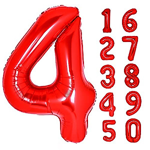 40 Inch Giant Red Number 4 Balloon, Helium Mylar Foil Number Balloons for Birthday Party, 4th Birthday Decorations for Kids, Anniversary Party Decorations Supplies (Red Number 4)