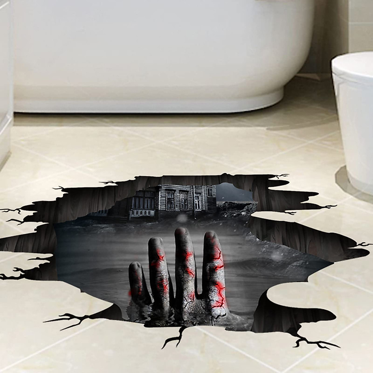 Halloween Floor Decals 3D Scary Blood Hand Scratching Floor Wall Stickers for Living Room, Removable Halloween Decor Murals for Bar Pub Bedroom Party Supplies