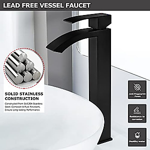 EZANDA Single Handle Vessel Sink Faucet Waterfall Tall Bathroom Bowl Basin Mixer Tap One Hole with Water Supply Line, Matte Black