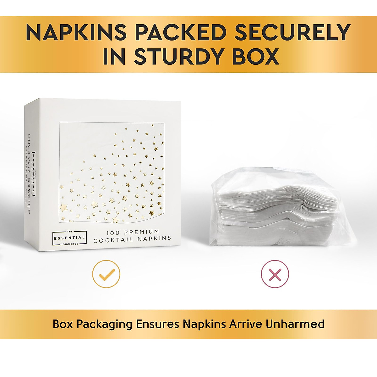 Stylish Gold Cocktail Napkins, Disposable 5x5 Inch Gold Paper Napkins, 100 Gold Star Napkins, 3 Ply White and Gold Napkins, Holiday Cocktail Napkins, Paper Christmas Cocktail Napkins