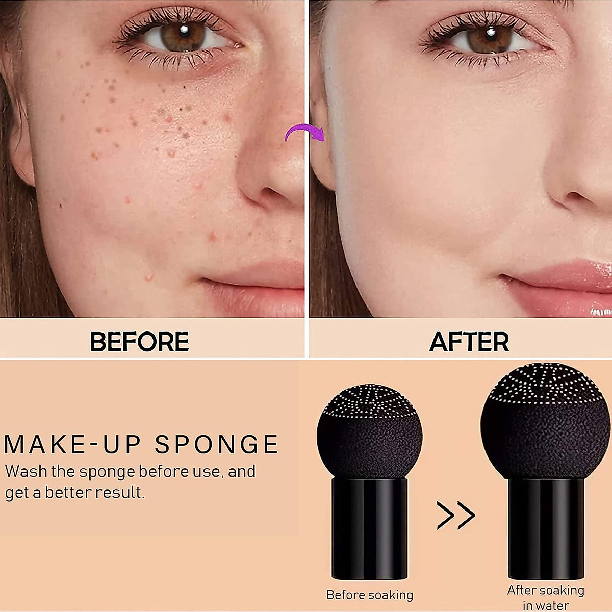 ELAIMEI Mushroom Head Air Cushion CC Cream, BB Cream, Moisturizing Concealer, Moisturizing BB Cream Makeup Base Long Lasting with Mushroom Makeup Sponge, Easy to Apply, Round (Natural)