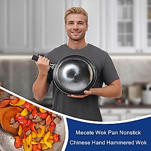 Mecete Wok Pan Nonstick Chinese Hand Hammered Woks and Stir Fry Pans Non-stick Carbon Steel Wok Utensils No Coating(13.3 Inch, Round Bottom) 1.8 mm thickness