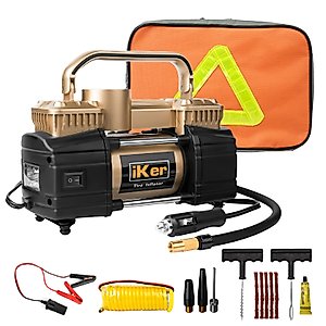 iKer Portable Air Compressor Heavy Duty Tire Inflator for Car, Truck, SUV,12V 70L/Min Double Cylinders Metal Air Pump 150PSI with LED Work Lights,11.5ft Extension Air Hose and Tire Repair Kit