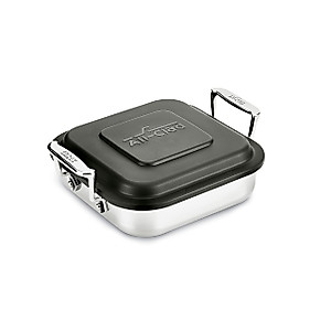 All-Clad Specialty Stainless Steel and Plastic Lid Square Covered Baking Pan 8x8 Inch Oven Broiler Safe 600F Pots and Pans Silver