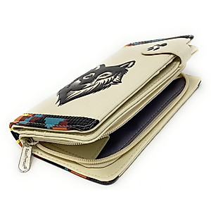 Shag Wear Native Wolf Large Animal Wallet for Women and Teen Girls Vegan Faux Leather 7" Beige