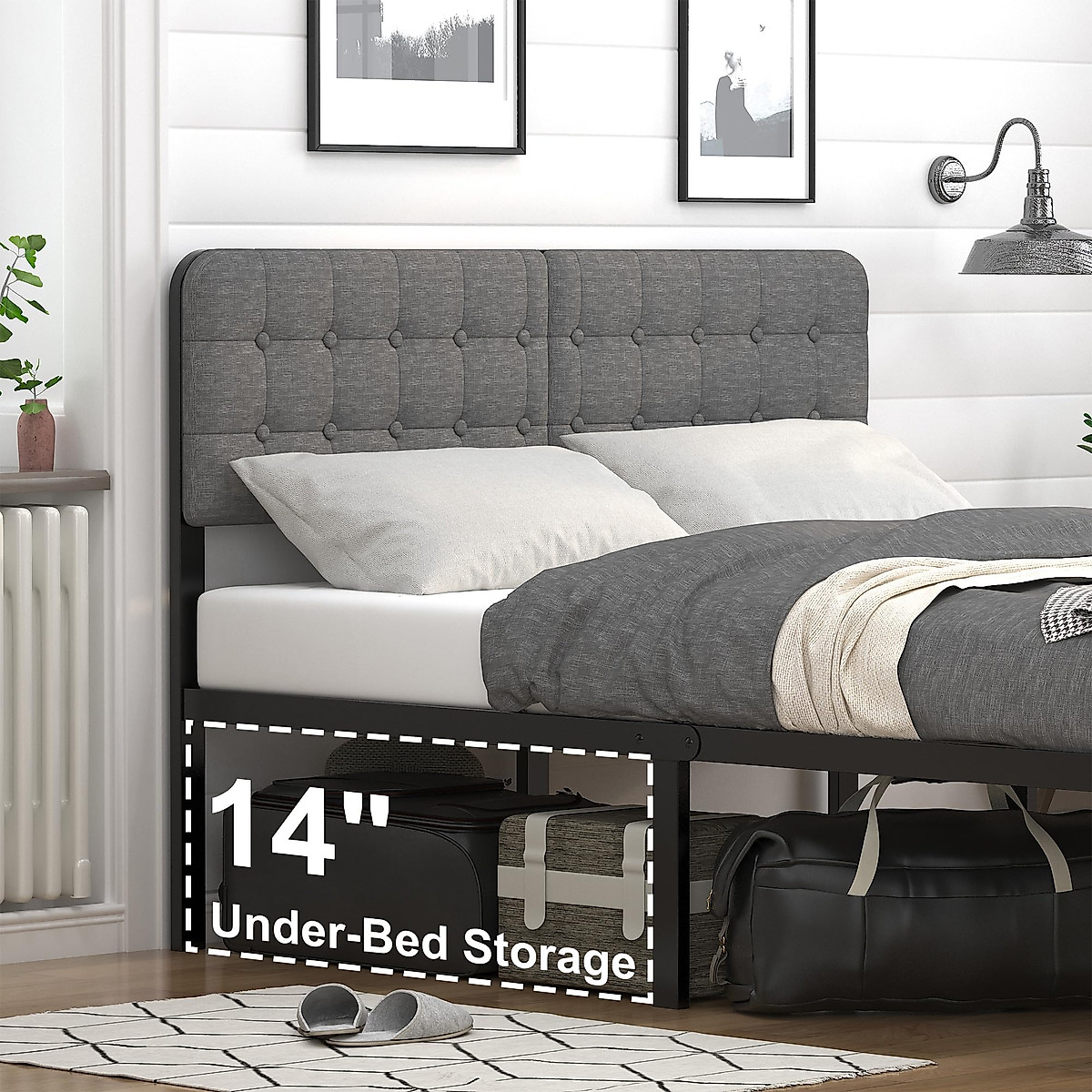 EMODA 16 Inch California King Bed Frames with Upholstered Headboard and Metal Footboard, Heavy Duty Metal Slats Support Mattress Foundation, No Box Spring Needed, Easy Assembly