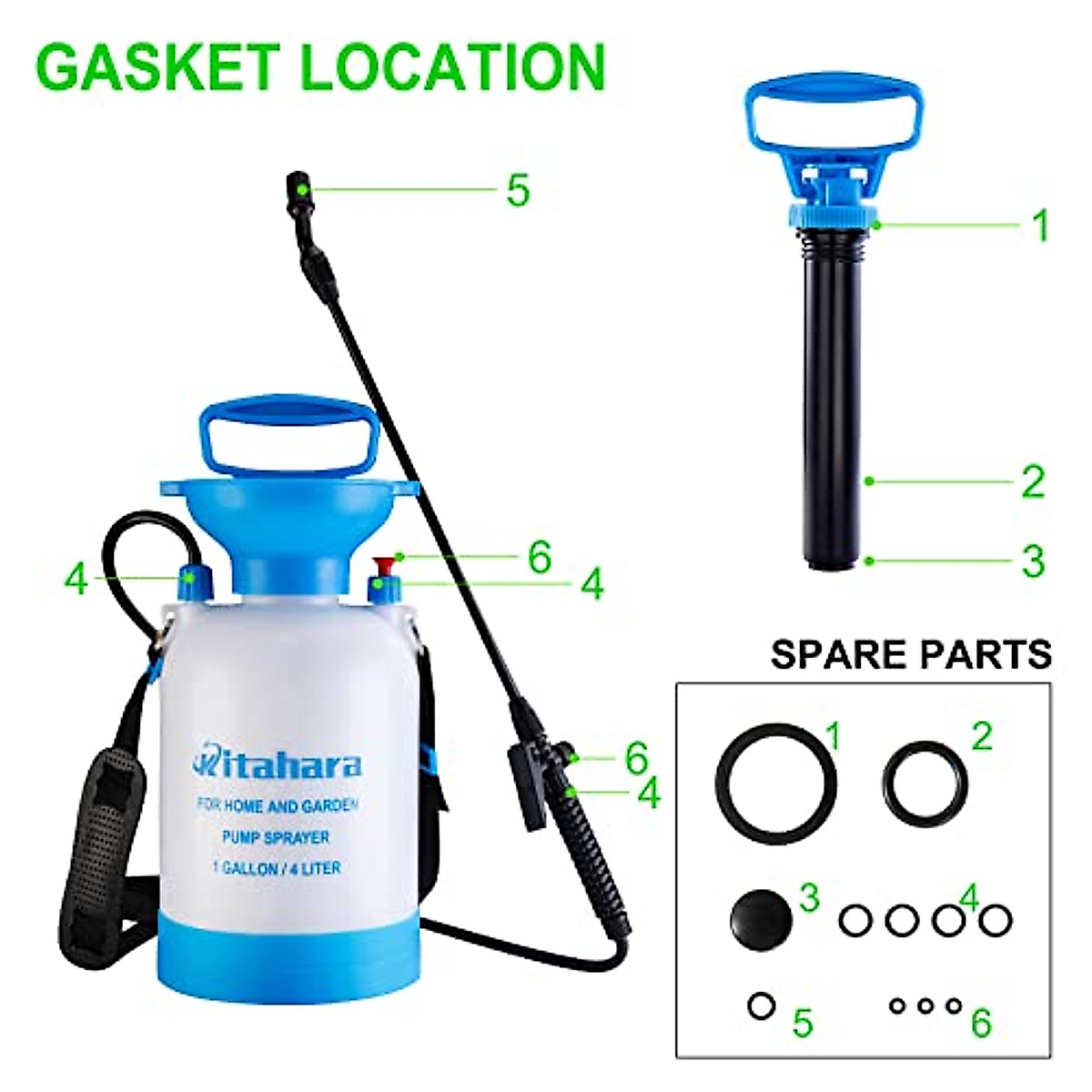 Kitahara 1 Gallon Garden Pump Pressure Sprayer with Pressure Relief Valve, Adjustable Shoulder Strap and Nozzles, for Yard Lawn Weeds Plant Water