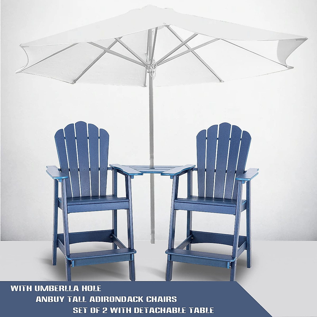 Anbuy Balcony Chair Tall Adirondack Chair Set of 2 Outdoor Adirondack Barstools with Connecting Tray - Patio Stools Weather Resistant for Deck Balcony Pool Backyard, Navy Blue