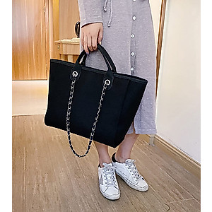 XACKWUERO Women Fashion Classic Canvas Bag Large-Capacity Shoulder Handbag Tote Shopper Bag with Chain Shoulder Strap (Khaki)