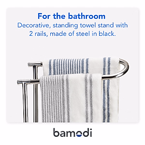 Bamodi Freestanding Towel Rack for Bathroom Floor - Practical Bath Towel Rack Holder Stand for Bathroom, Kitchen, Room - Easy to Assemble, with Offset Rails for Drying - Black Steel Finish