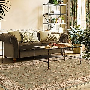 Superior Indoor Area Rug, Jute Backed Rugs for Bedroom, Living/Dining Room, Office, Entryway, Hallway, Kitchen, Traditional Floral Scroll Floor Decor, Heritage Collection, Green, 5' x 8'