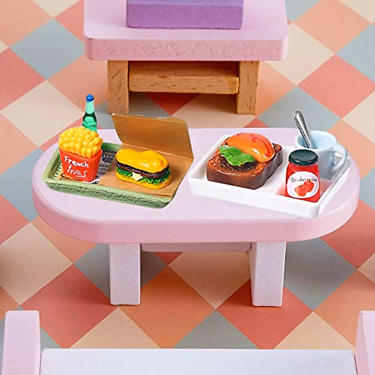 28Pcs Dollhouse Furniture Set, 1/12 Dollhouse Decoration 1Pc Wooden Dining Table and 4Pcs Chair, 1Pc Mini Carpet Turkey Rugs, 4 Sets Dinner Plate for Kids Gift