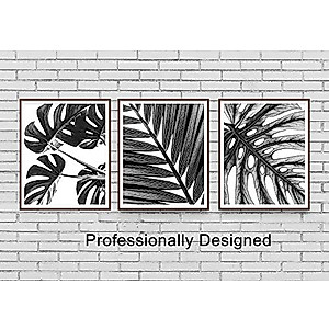 Grey Tropical Leaf Botanical Wall Art 3 Piece Print Set 8x10 Unframed Black and White Monstera and Palm Leaves for Bathroom, Bedroom Home Decor Idea