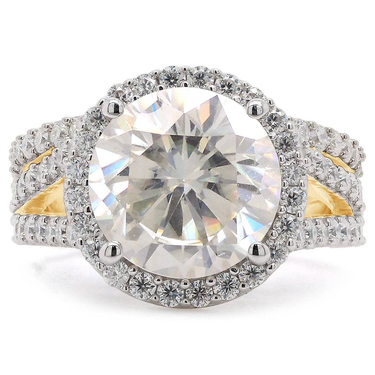 SAVEARTH DIAMONDS Split Shank Design, 4 1/2 cttw Center 10MM Round Cut Lab Created Moissanite Diamond Halo Bridal Set Ring 10K Solid Yellow Gold (VVS1 Clarity, 4.50 Cttw)-7.5