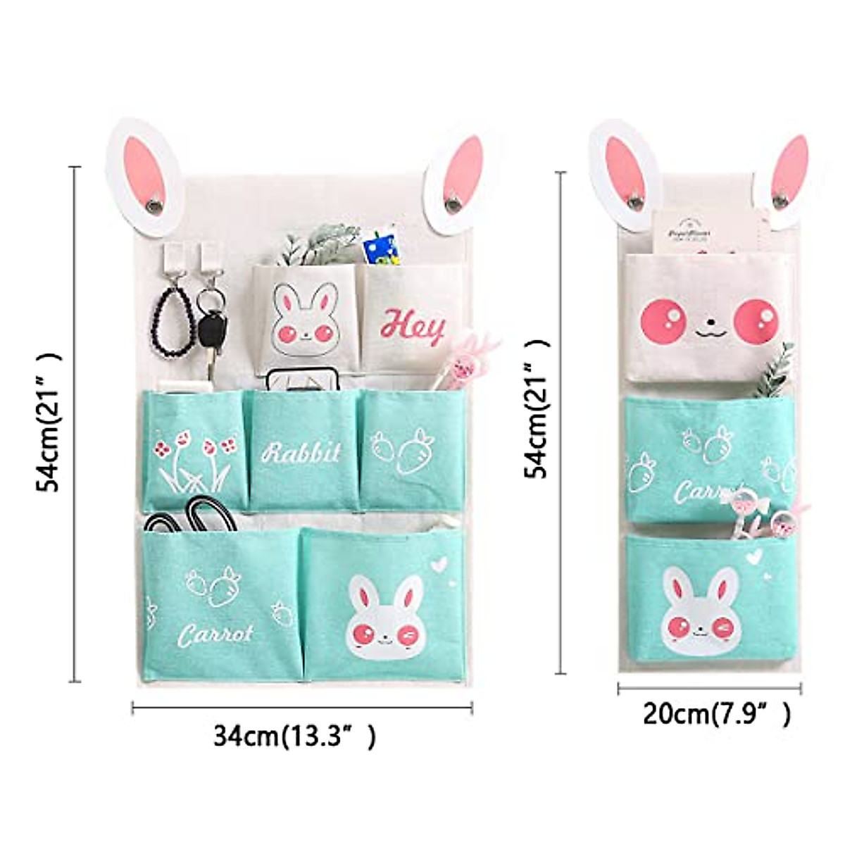 KINGREE 2PCS Wall Closet Hanging Storage Bag with Hooks Premium Linen Fabric Over The Door Organizer, Hanging Storage Pouches with 3 Pockets and 7 Pockets for Bedroom Bathroom (Rabbit)