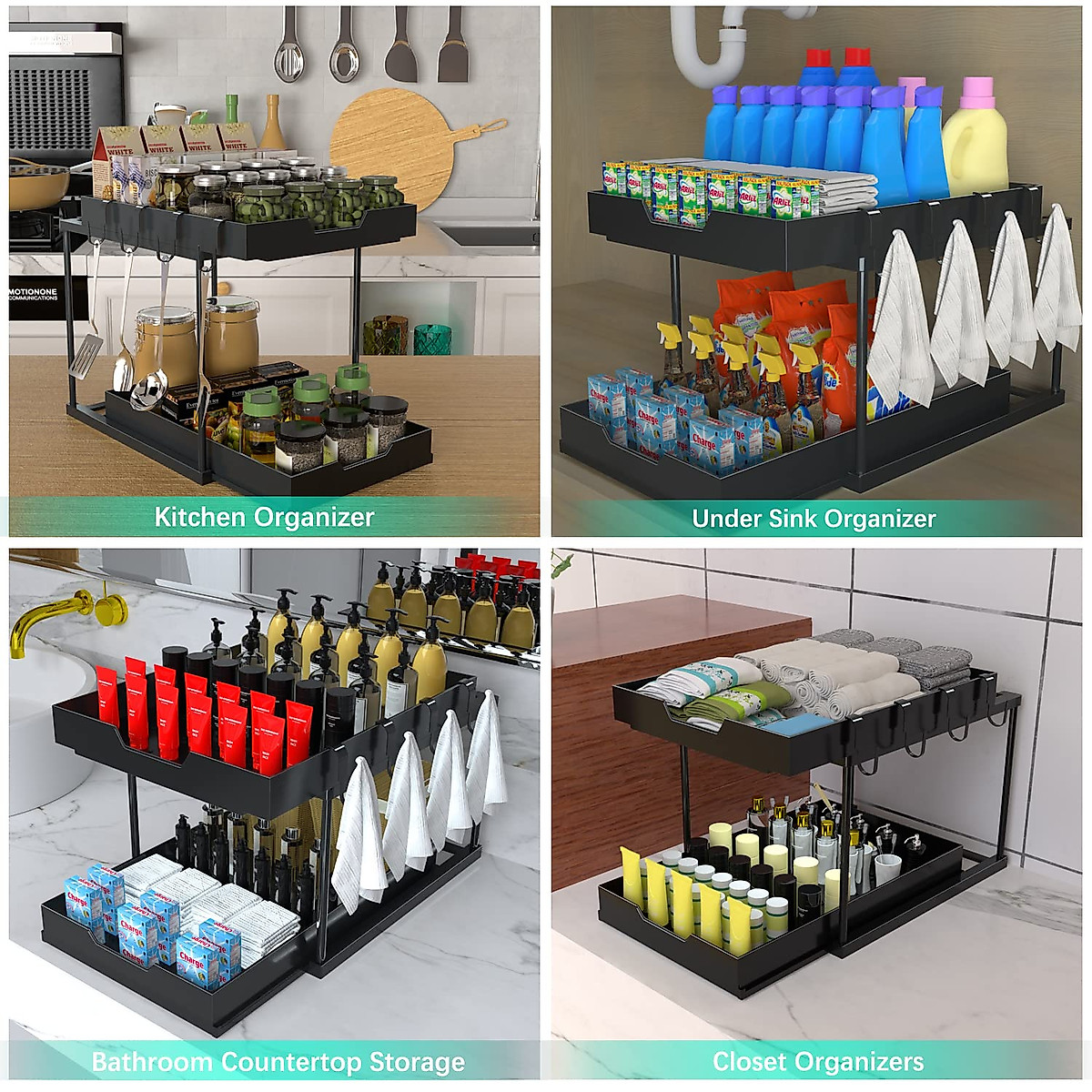 THEYFIRST 2 Pack Under Sink Organizers and Storage 2-Tier Double Sliding Pull-out Drawer, Under the Sink Organizer Kitchen Multi-purpose Under Bathroom Sink Shelf Storage Rack for Cabinet -Black